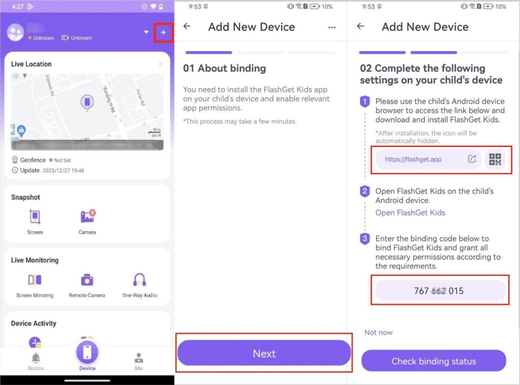 How to add a new kid’s device to FlashGet Kids for parent?