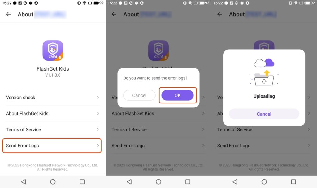 How to send error logs on FlashGet Kids?